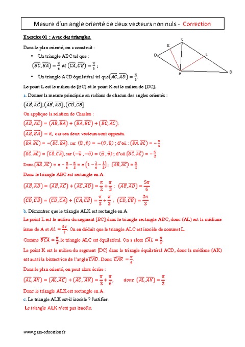 Angle orienté de deux vecteurs non nuls - 1ère S - Exercices corrigés ...