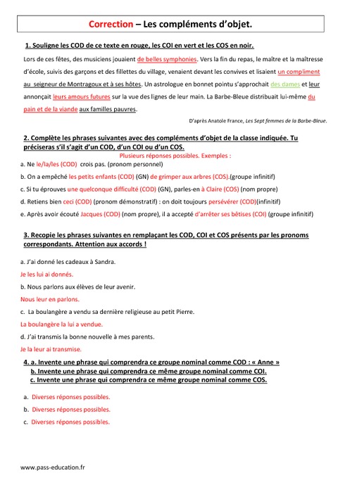 Direct, indirect, second - 6ème - Contrôle sur les compléments d'objet ...