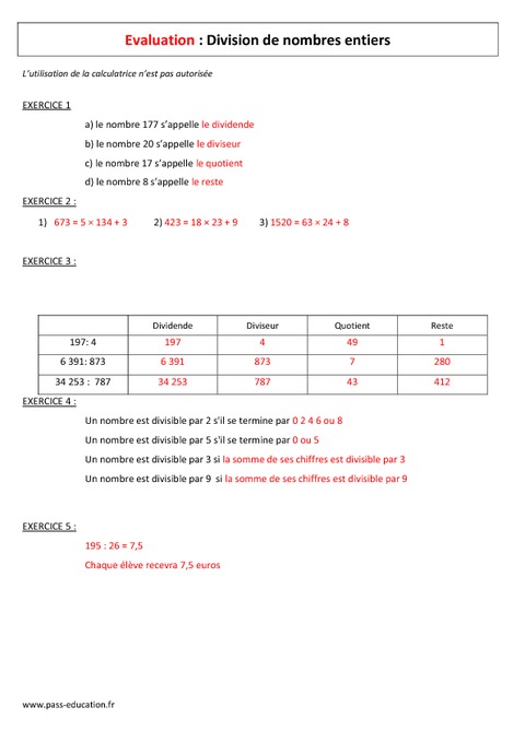 Division des nombres entiers - 6ème - Contrôle avec la correction ...
