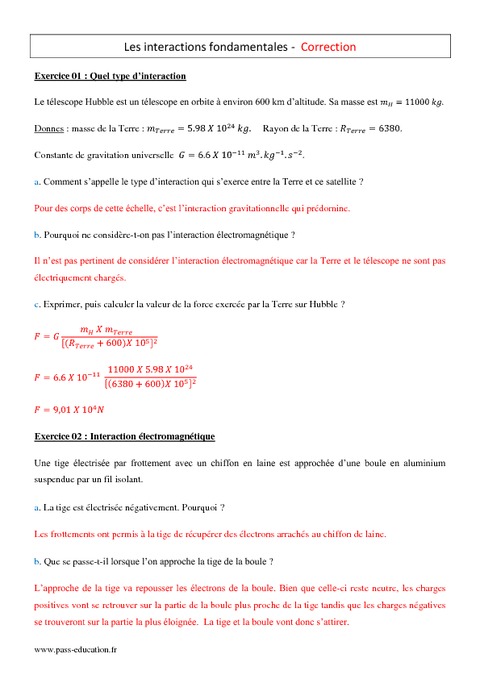 Interactions fondamentales - 1ère S - Exercices à imprimer - Pass Education