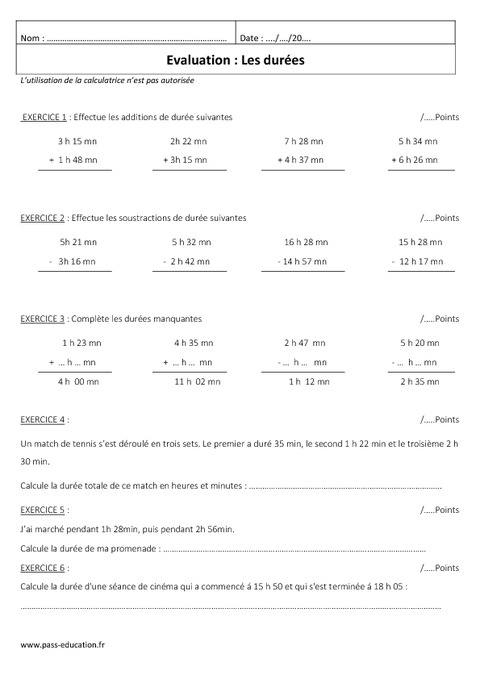 Durées - 6ème - Evaluation avec les corrigés - Pass Education