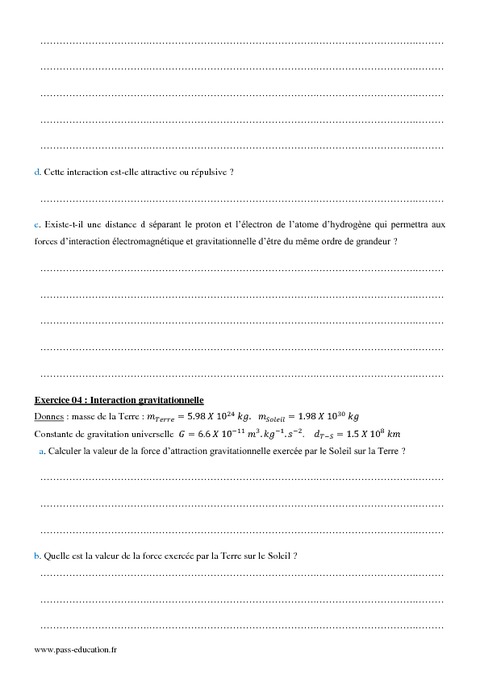 Interactions fondamentales - 1ère S - Exercices à imprimer - Pass Education