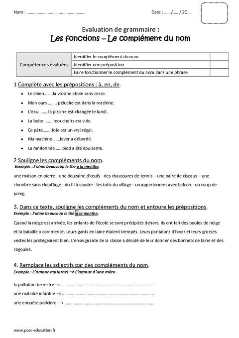 Complément du nom - Cm1 - Bilan avec le corrigé - Pass Education