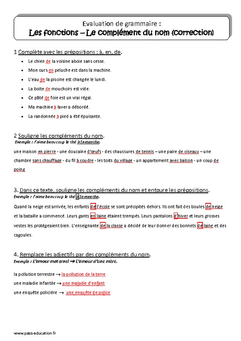 Complément du nom - Cm1 - Bilan avec le corrigé - Pass Education