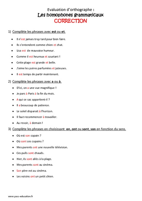 Homophones grammaticaux - Ce2 - Bilan à imprimer - Pass Education