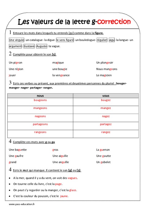 Lettre g - Ce2 - Exercices à imprimer sur les valeurs - Pass Education