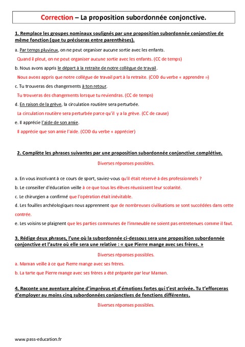 Proposition subordonnée conjonctive - 5ème - Contrôle avec le corrigé ...