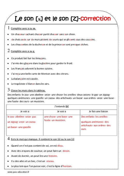 Son s et z - Ce2 - Exercices corrigés - Pass Education