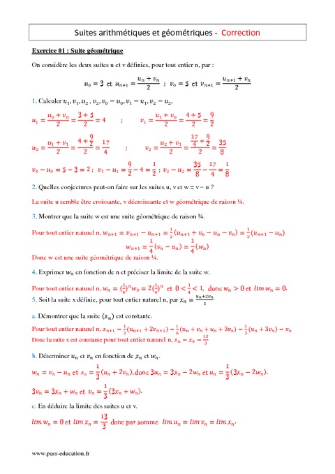 Suites géométriques et arithmétiques - Terminale S - Exercices corrigés ...
