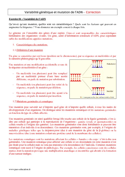 Variabilité génétique et mutation de l’ADN - 1ère S - Exercices ...