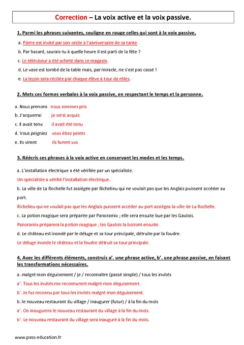 Voix active - Voix passive - 5ème - Evaluation à imprimer - Pass Education