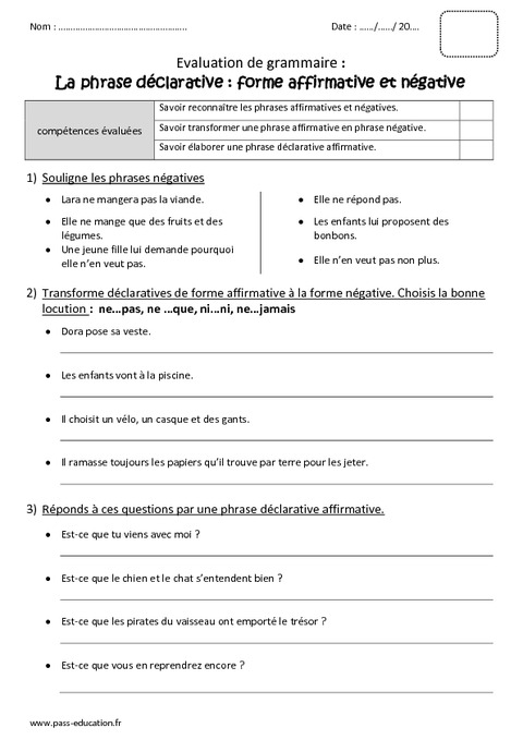 Forme affirmative et négative - Ce2 - Bilan - Pass Education