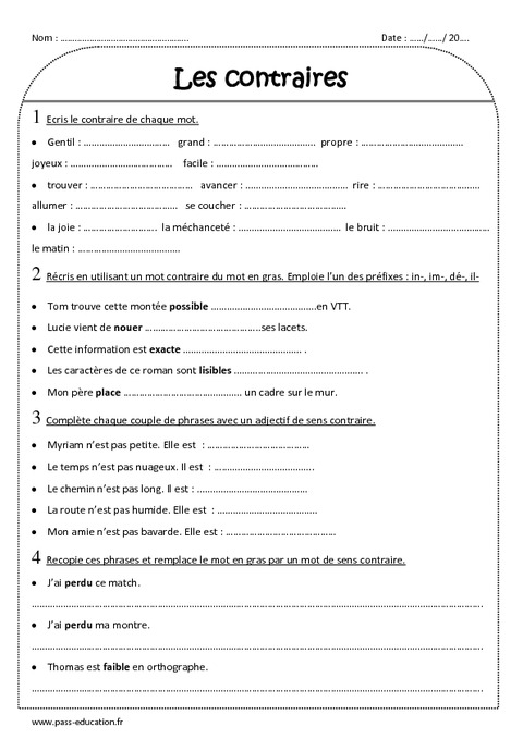 Mots de sens contraire - Ce2 - Exercices corrigés - Pass Education
