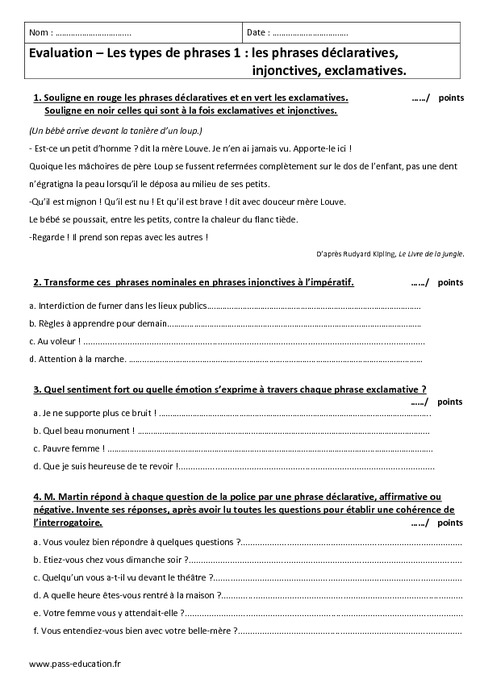 Types de phrases - 6ème - Evaluation sur les phrases: déclaratives ...