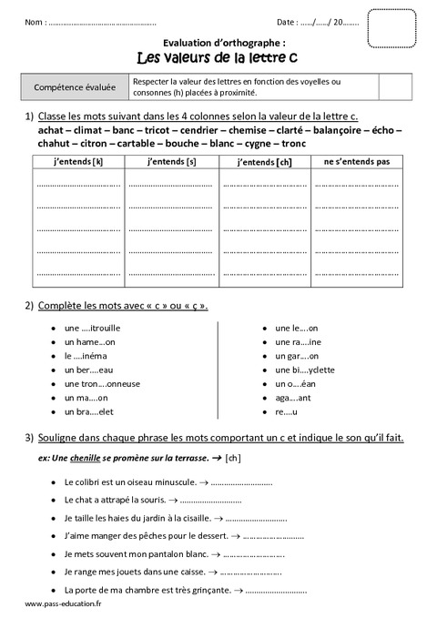Valeurs de la lettre c - Ce2 - Bilan à imprimer - Pass Education