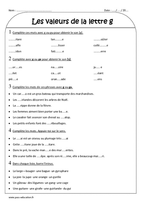 Valeurs de la lettre g - Ce2 - Exercices corrigés - Pass Education