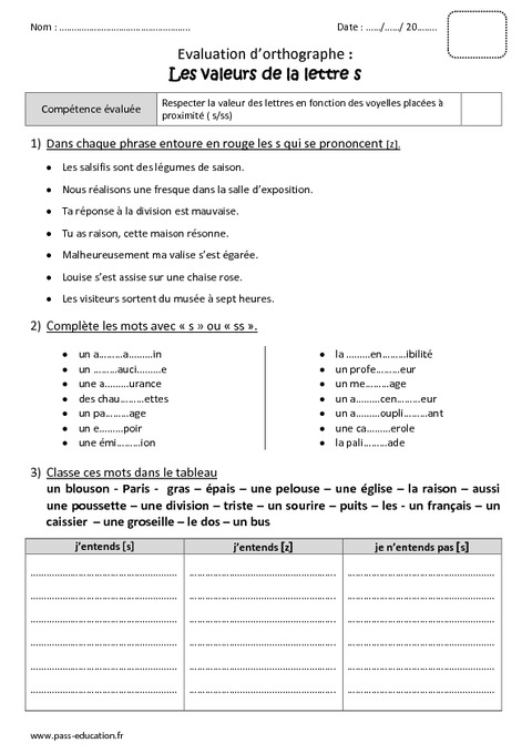 Valeurs de la lettre s - Ce2 - Bilan à imprimer - Pass Education
