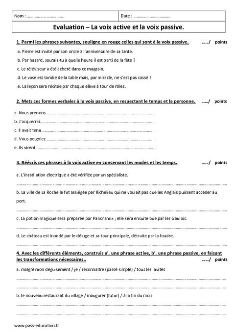 Voix active - Voix passive - 5ème - Evaluation à imprimer - Pass Education