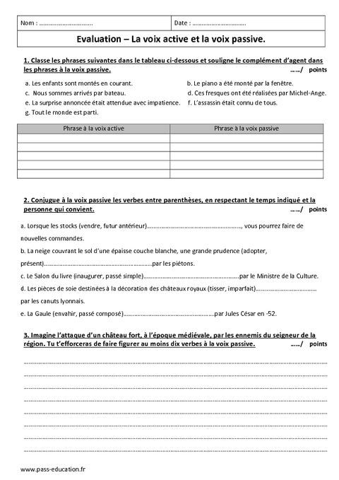 Voix passive - Voix active - 5ème - Contrôle avec la correction - Pass ...