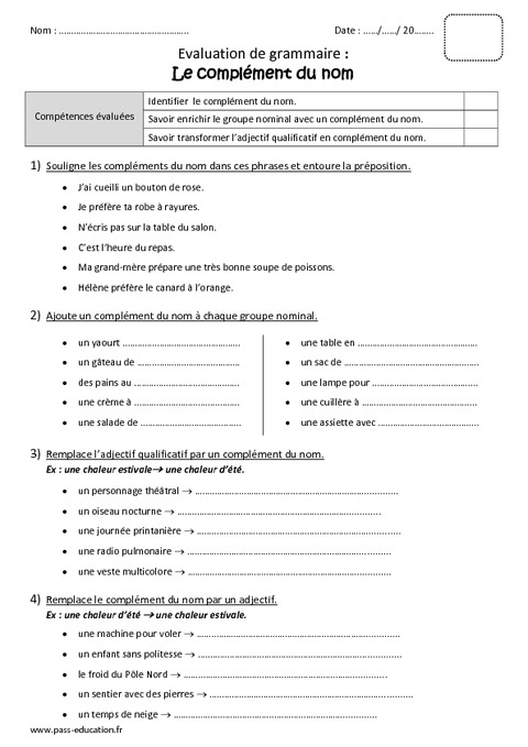 Complément du nom - Cm1 - Bilan - Pass Education
