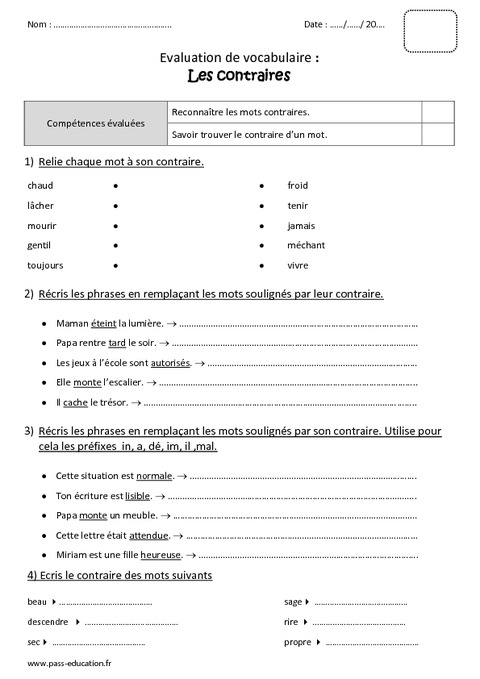 Contraires - Ce2 - Bilan avec le corrigé - Pass Education