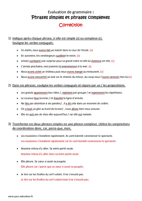 Phrase simple - Phrase complexe - Cm1 - Bilan à imprimer - Pass Education