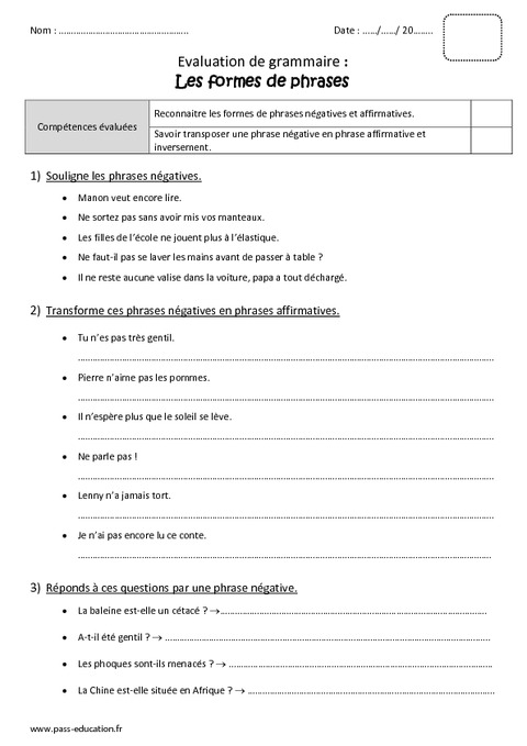 Formes de phrases - Cm1 - Bilan - Phrases négatives et affirmatives ...