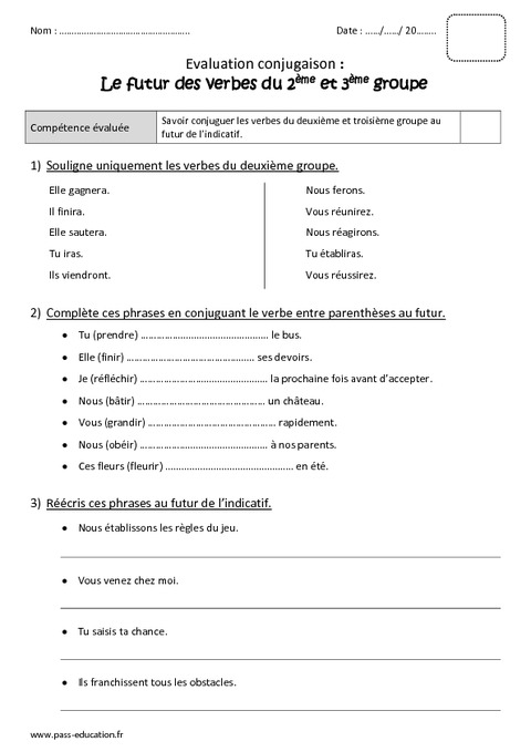 Futur des verbes du 2ème et 3ème groupe - Ce2 - Bilan - Pass Education