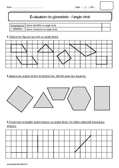 Angle droit - Ce1 - Bilan à imprimer - Pass Education