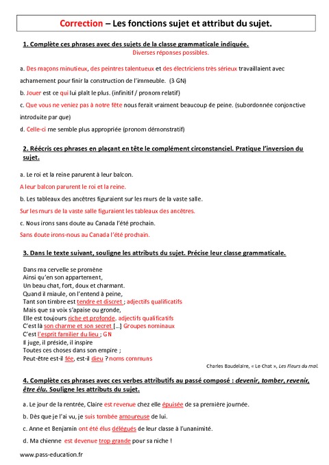 Attribut du sujet et fonctions sujet - 5ème - Contrôle - Pass Education