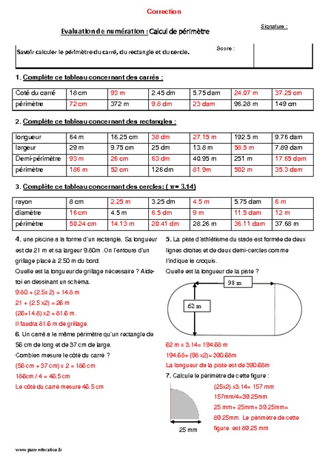 Calcul de périmètre - Cm2 - Bilan à imprimer - Pass Education