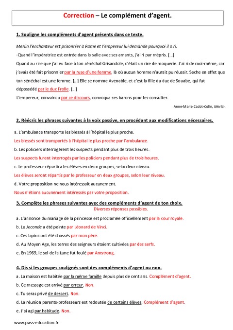 Complément d’agent - 5ème - Contrôle avec le corrigé - Pass Education