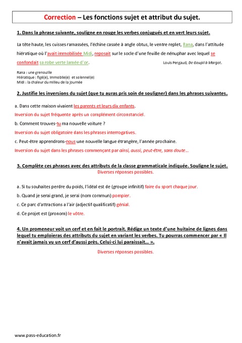 Fonctions sujet et attribut du sujet - 5ème - Evaluation - Pass Education