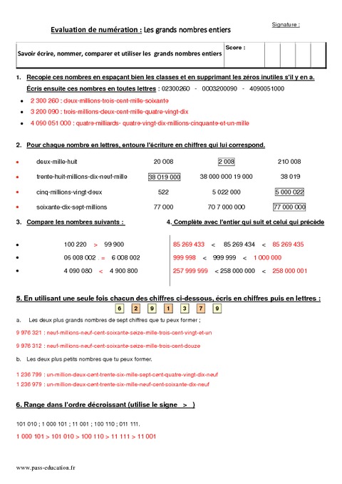 Grands nombres entiers - Cm2 - Bilan à imprimer - Pass Education