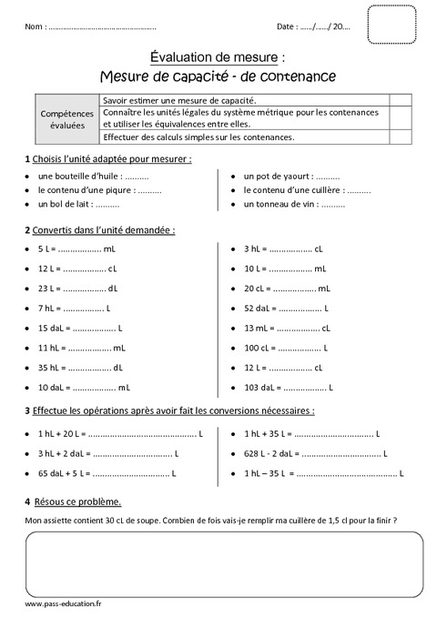 Mesure de capacité et de contenance - Cm1 - Bilan - Pass Education
