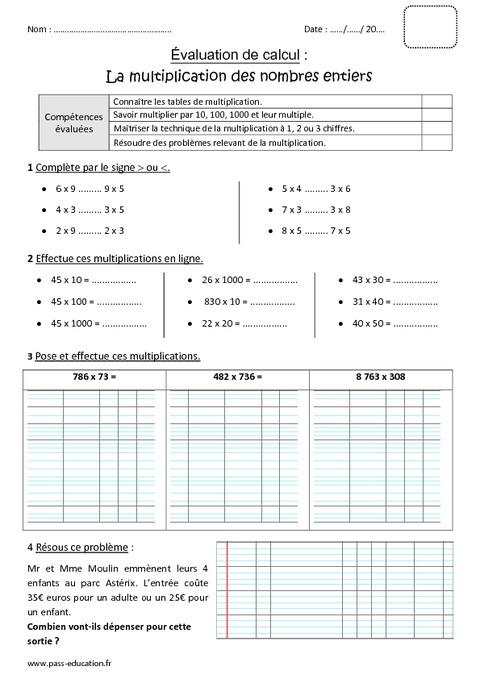 Nombres entiers - Multiplication - Cm1 - Bilan à imprimer - Pass Education