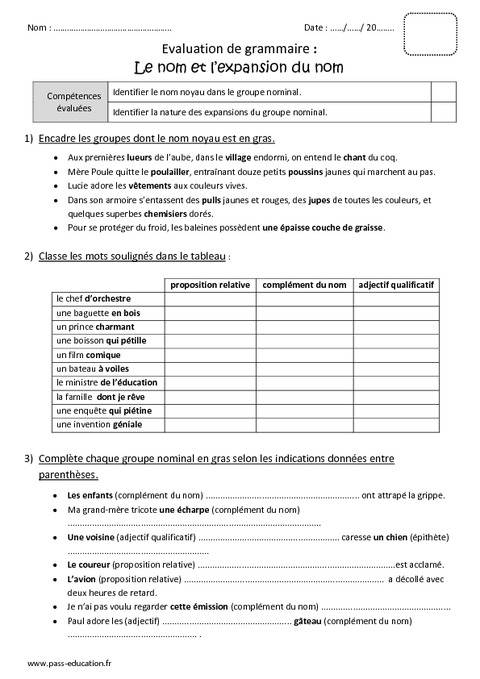 Nom - Expansion du nom - Cm2 - Bilan à imprimer - Pass Education