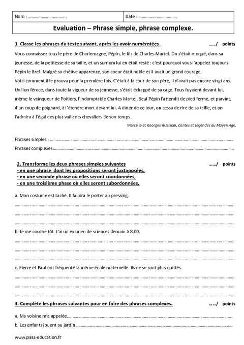 Phrase complexe - Phrase simple - 5ème - Contrôle - Pass Education