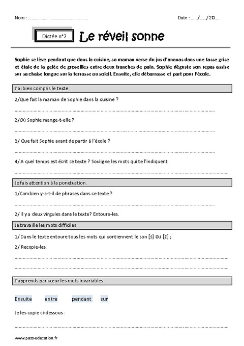 Valeurs de la lettre s - Ce2 - Dictée accompagnée n°7 - Pass Education