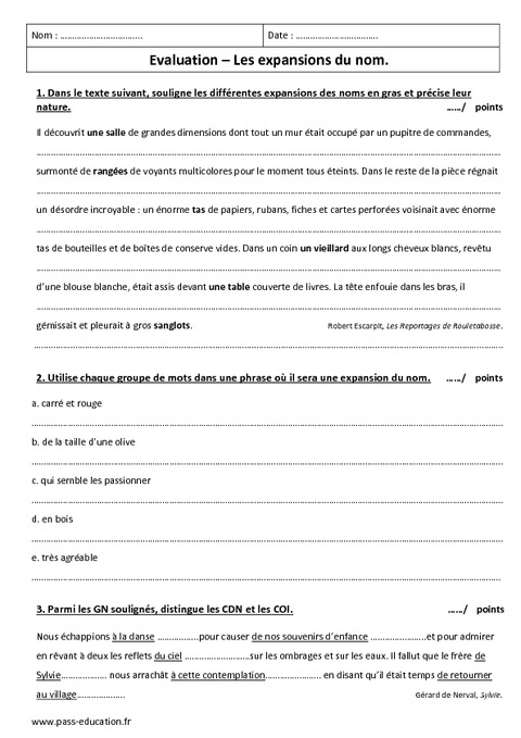 Expansions du nom 5ème - Contrôle - Pass Education