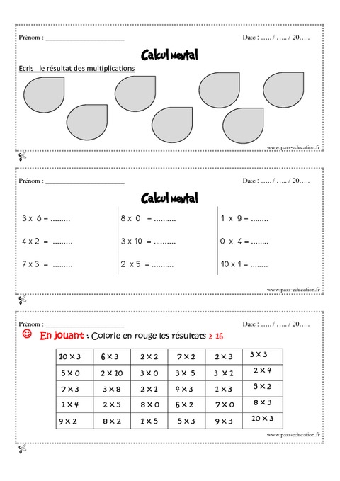 Calcul mental - Cm1 - Exercice et bilan - Semaine 9 à 12 - Pass Education