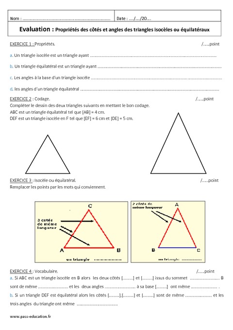Propriétés des côtés et angles des triangles isocèles ou équilatéraux ...