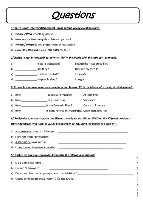Questions - 3ème - Exercices à imprimer - Pass Education