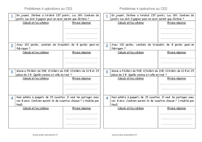4 opérations - CE2 - Problèmes - Pass Education