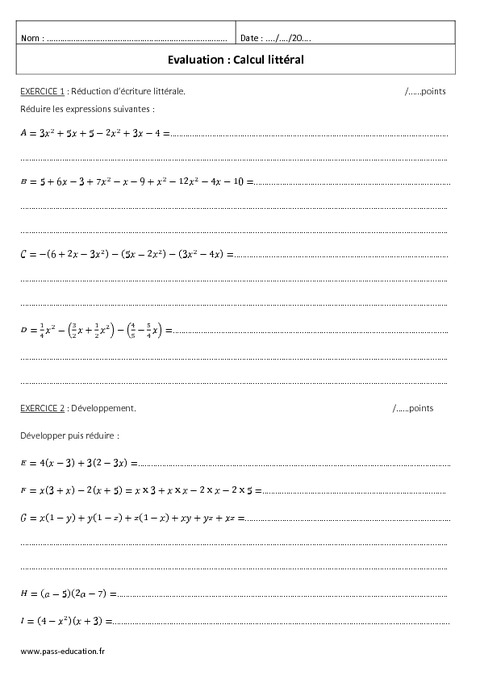 Calcul littéral - 4ème - Contrôle - Pass Education