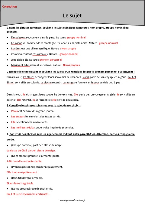 Sujet - Cm2 - Exercices avec le corrigé - Pass Education