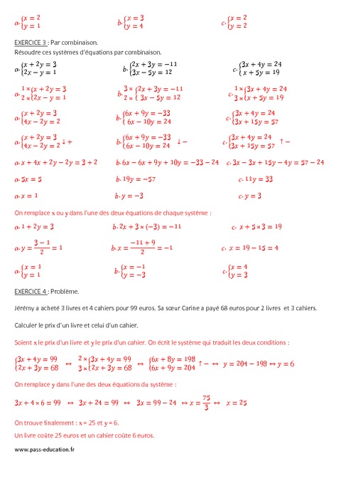 Systèmes d'équations - 3ème - Evaluation avec le corrigé - Pass Education
