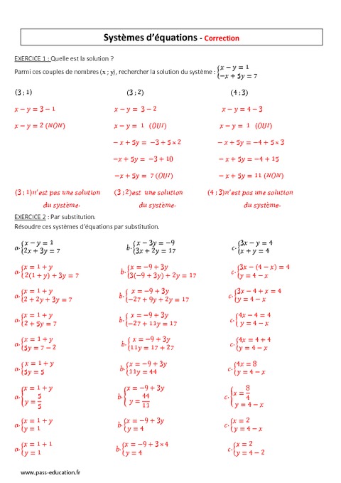 Systèmes d'équations - 3ème - Evaluation avec le corrigé - Pass Education