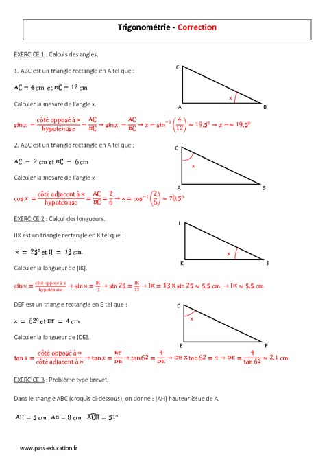 Trigonométrie - 3ème - Contrôle - Pass Education