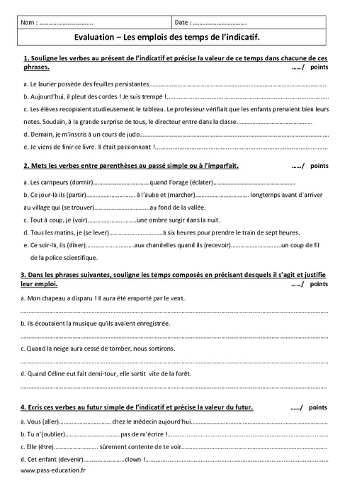 Emplois des temps de l’indicatif - 4ème - Contrôle à imprimer - Pass ...